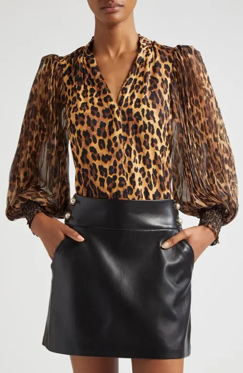 Alice + Olivia Ilan Leopard Print Long Sleeve Shirt In Spotted